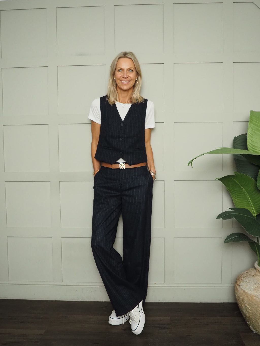 Christophe Classic Pin Stripe Wide Leg Trousers - Navy Blue – Bricks ...